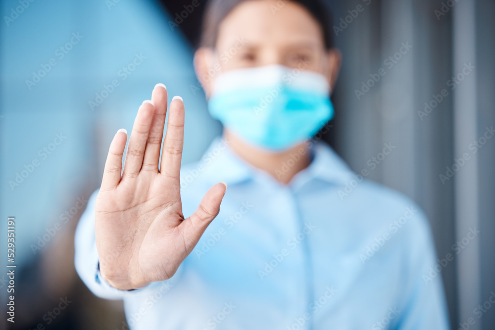 Compliance, covid and hand stop sign or gesture with woman warning and ...