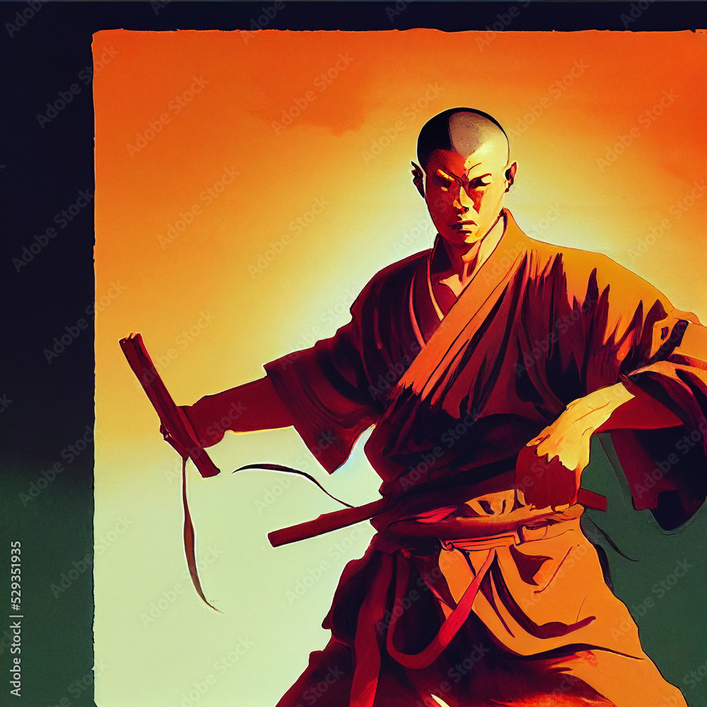 Shaolin monk portrait, cover page design, digital illustration Stock ...