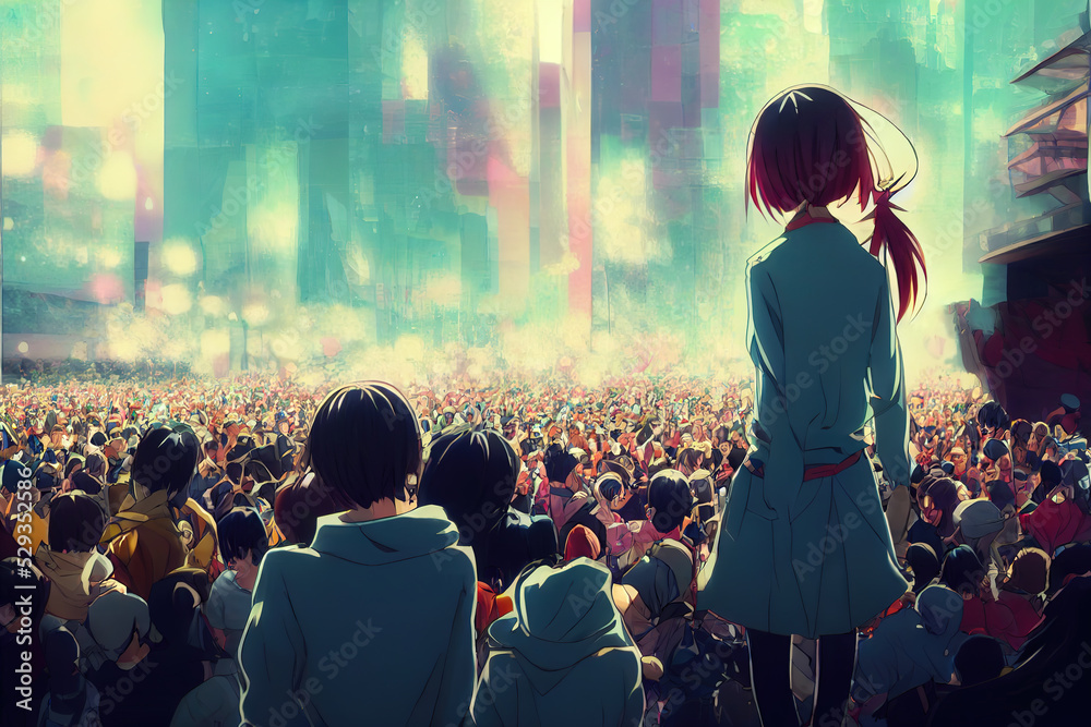 crowds in concert or music festival with a lot of lights, anime style ...