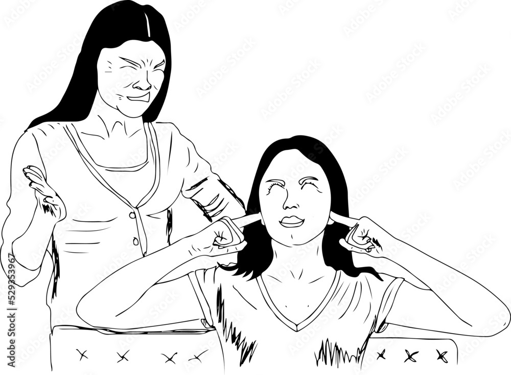 Generation gap concept, outline sketch drawing of Mother angry on her daughter, Mother and ...