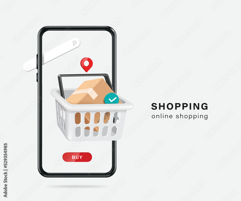 Parcel box and order confirmation icon placed in white shopping basket ...