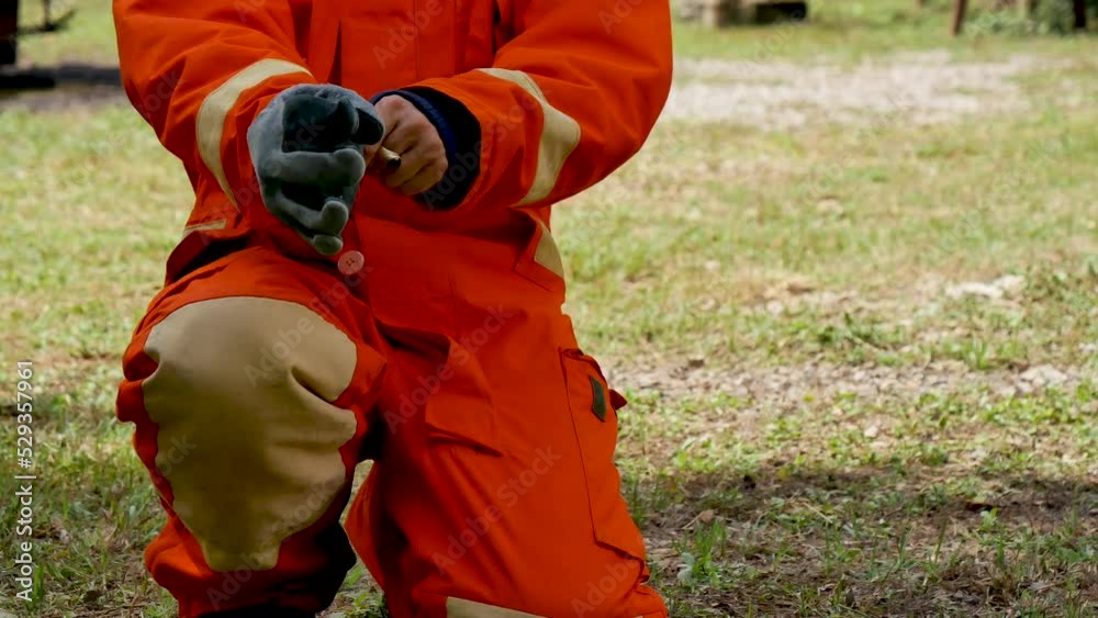 Firefighter Rescue training in fire fighting extinguisher. Firefighter ...