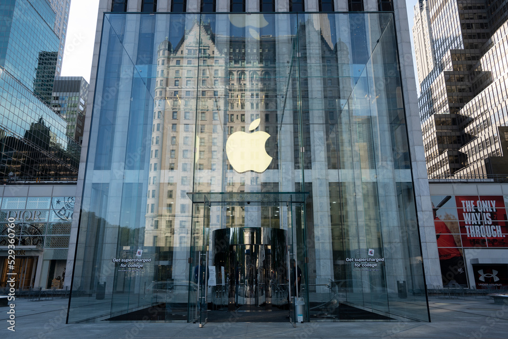 New York, NY, USA - July 9, 2022: Front view of the Apple flagship ...