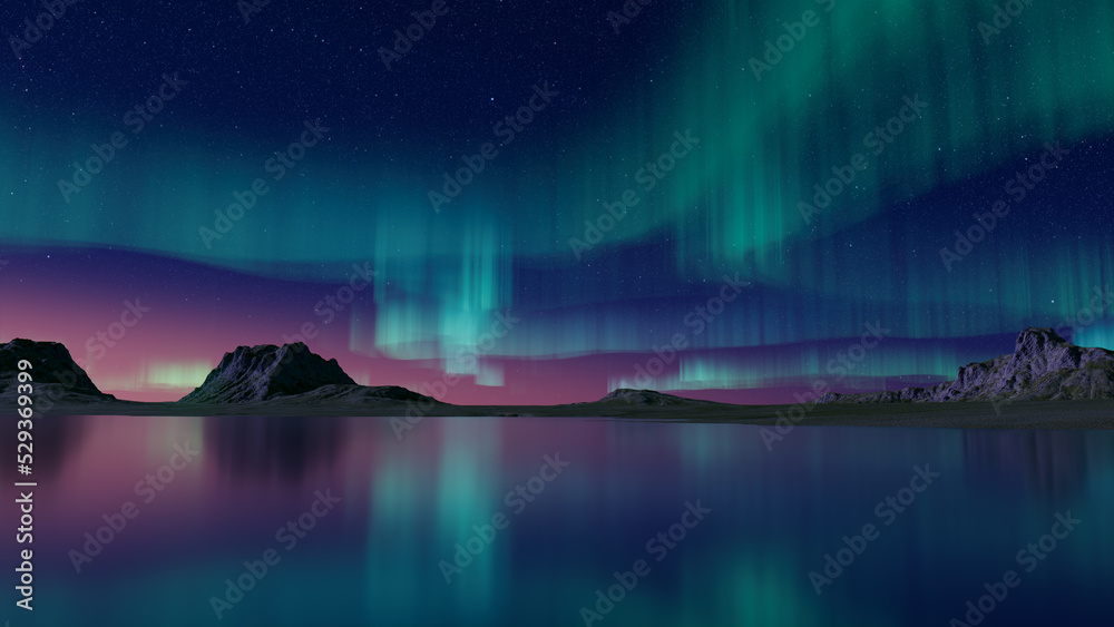 Blue Aurora Borealis over Rocky Terrain. Magical Northern Lights Banner ...