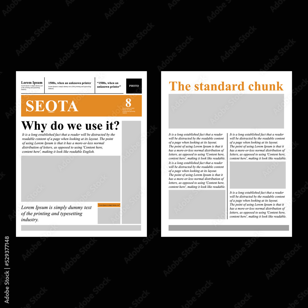 Newspaper design template with red headline, images and charts ...