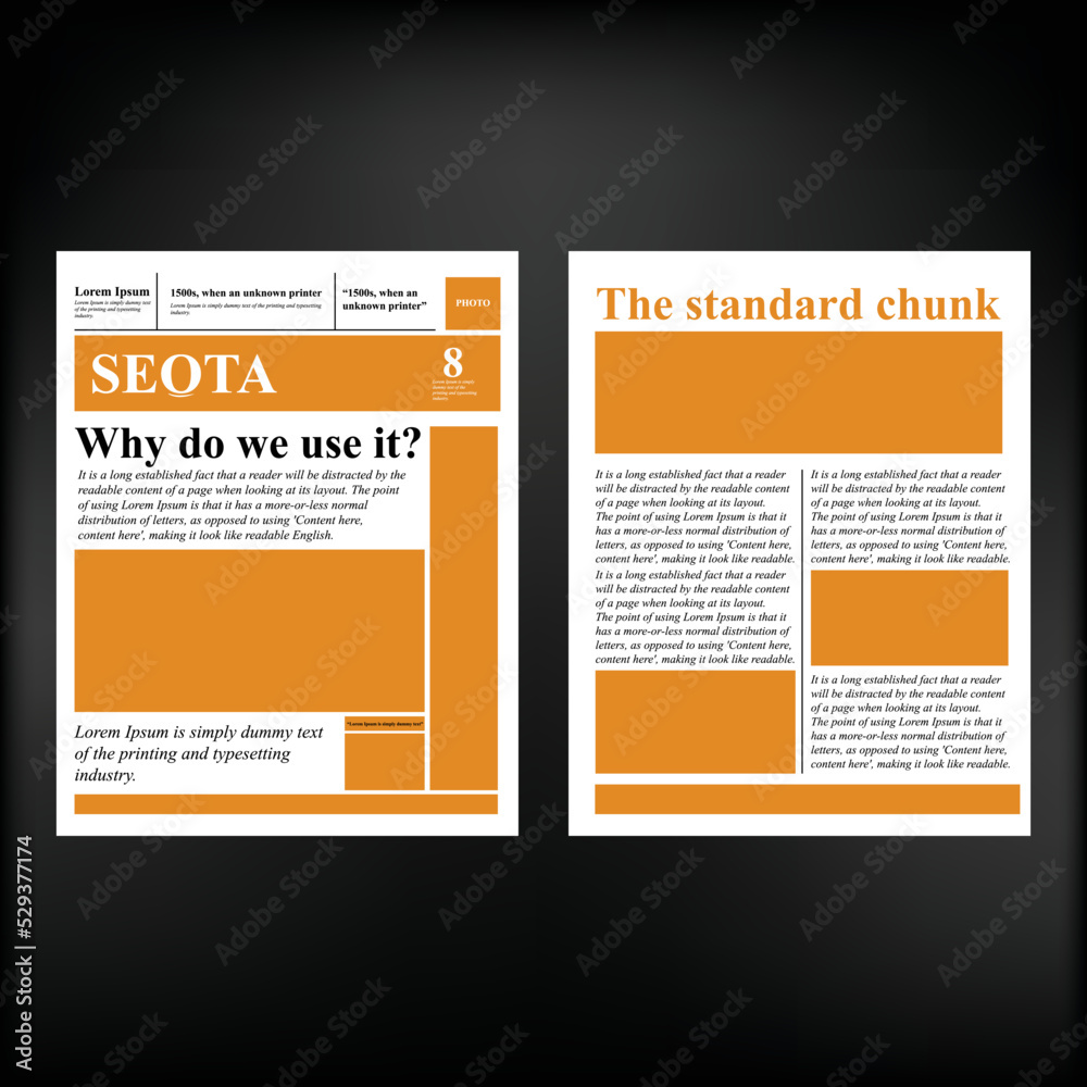 Newspaper design template with red headline, images and charts ...