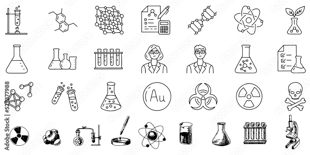 Chemistry doodle illustration including icons - flask, lab tube ...
