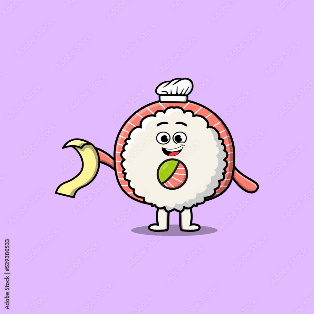 Cute cartoon rice sushi rolls sashimi chef character with menu in hand ...