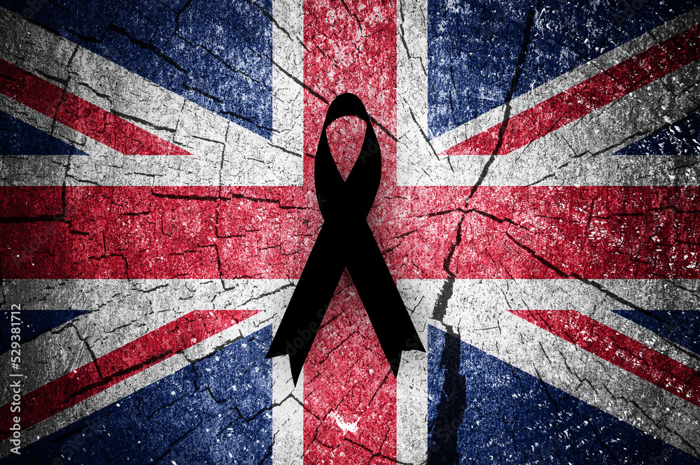 National flag of Great Britain with black mourning ribbon. Mourning for ...