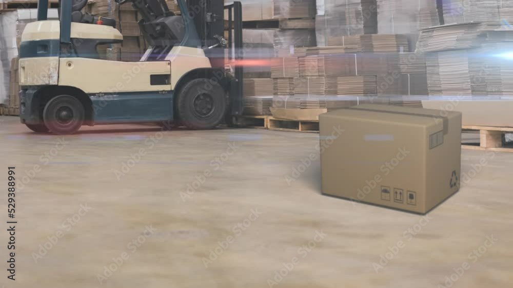 Animation of cardboard box falling on a floor with a forklift and ...