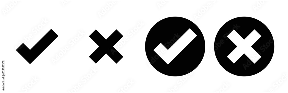 Check mark, Cross mark black icon set. Isolated tick symbol, right and ...