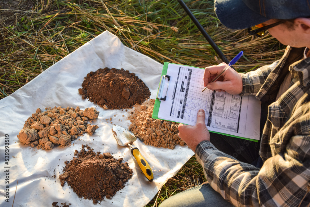 High angle view male agronomist preparing soil samples for laboratory ...