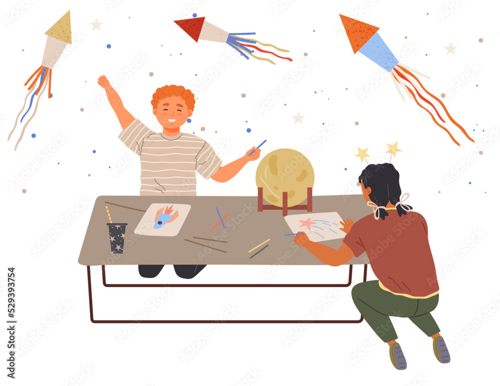 People draw with colored pencils and paints at table. Children draw ...