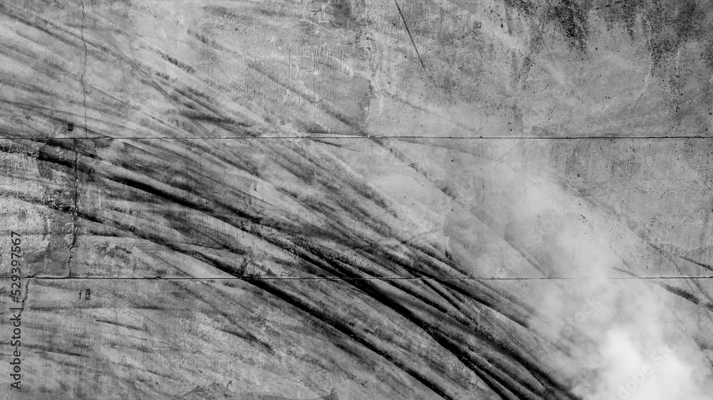 Aerial top view texture car skid tire marks on race track, Black tire ...