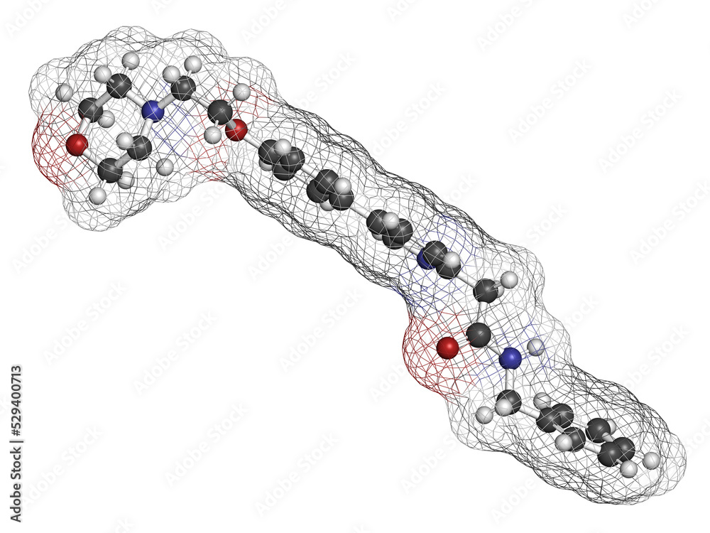 Tirbanibulin actinic keratosis drug molecule. 3D rendering. Atoms are ...