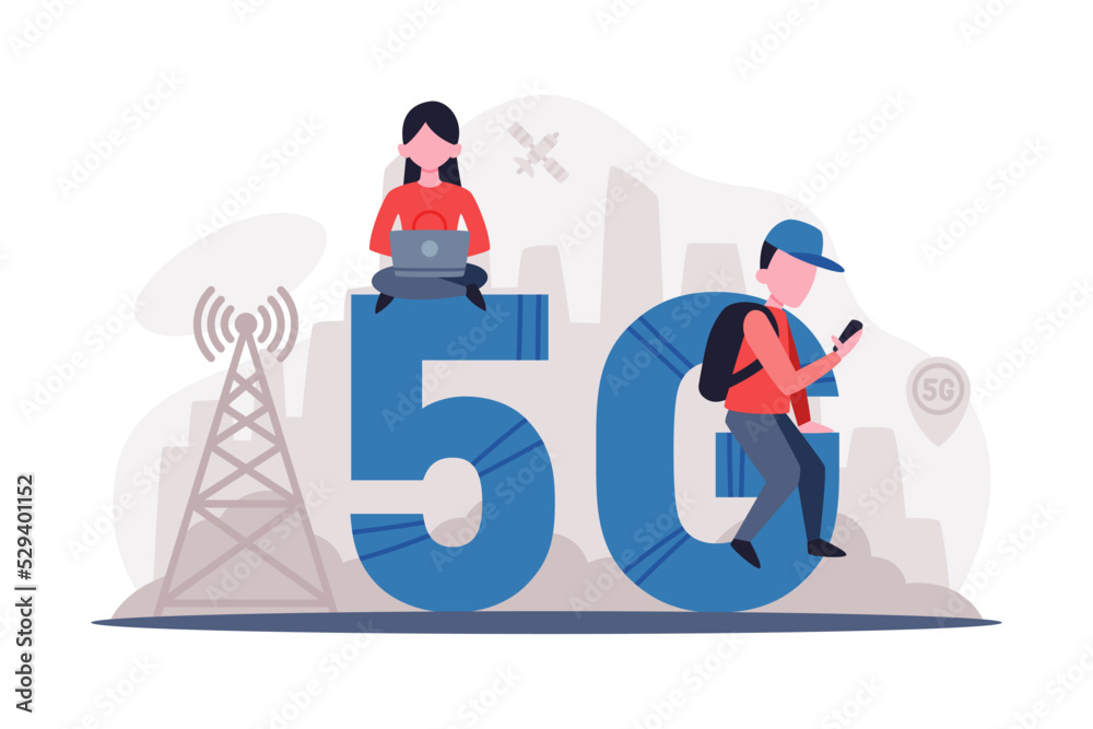 5G network wireless technology. Small people with gadgets using high ...