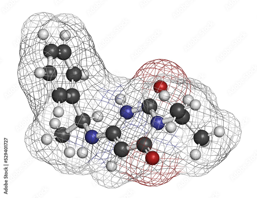 Mavacamten drug molecule. 3D rendering. Atoms are represented as ...