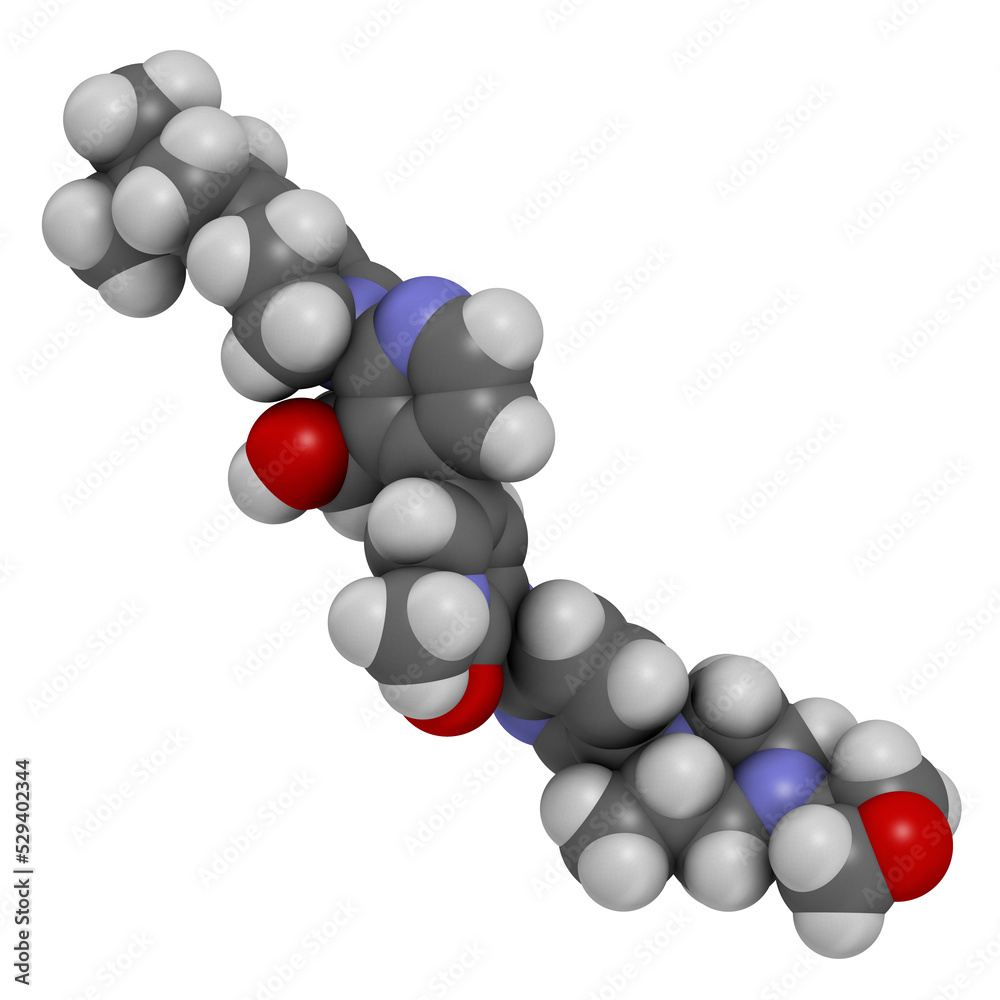 Fenebrutinib drug molecule. 3D rendering. Atoms are represented as ...