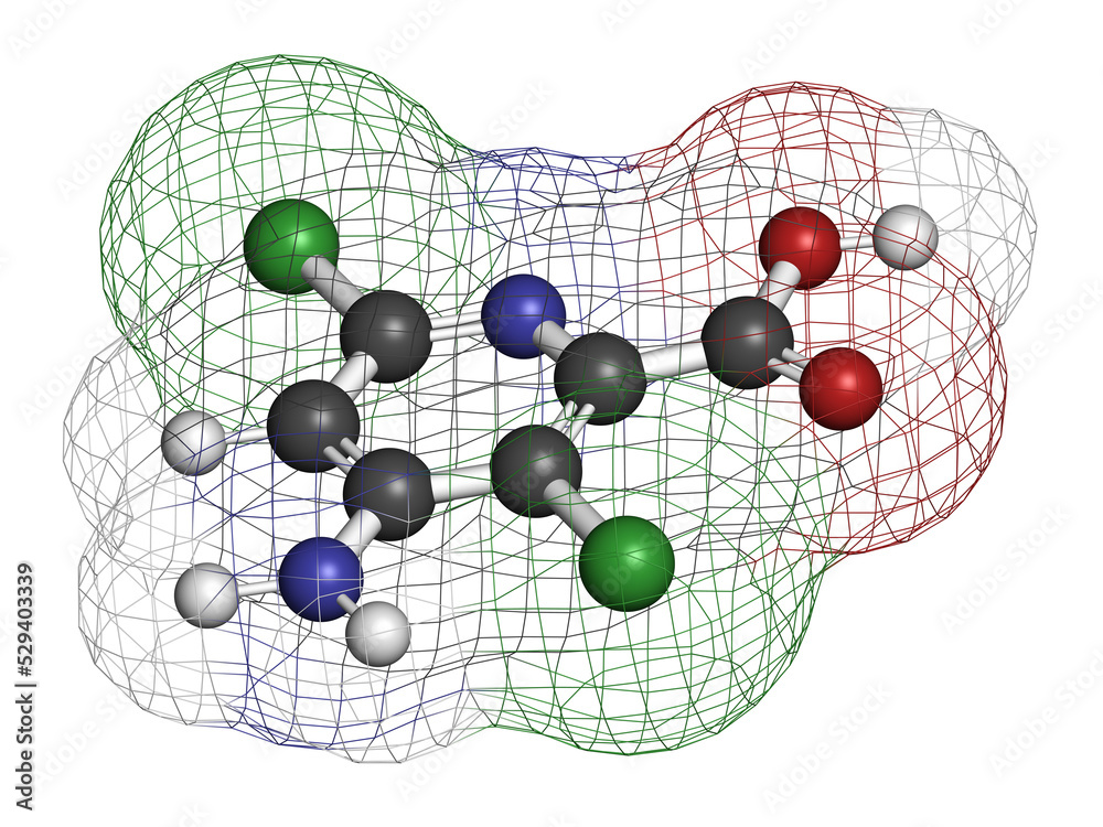 Aminopyralid herbicide molecule. 3D rendering. Atoms are represented as ...