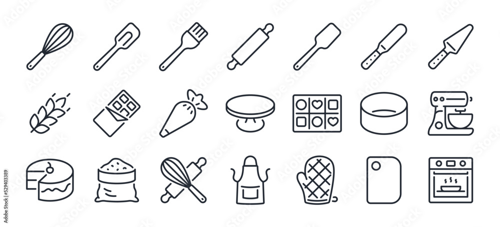 Baking and pastry editable stroke outline icons set isolated on white ...