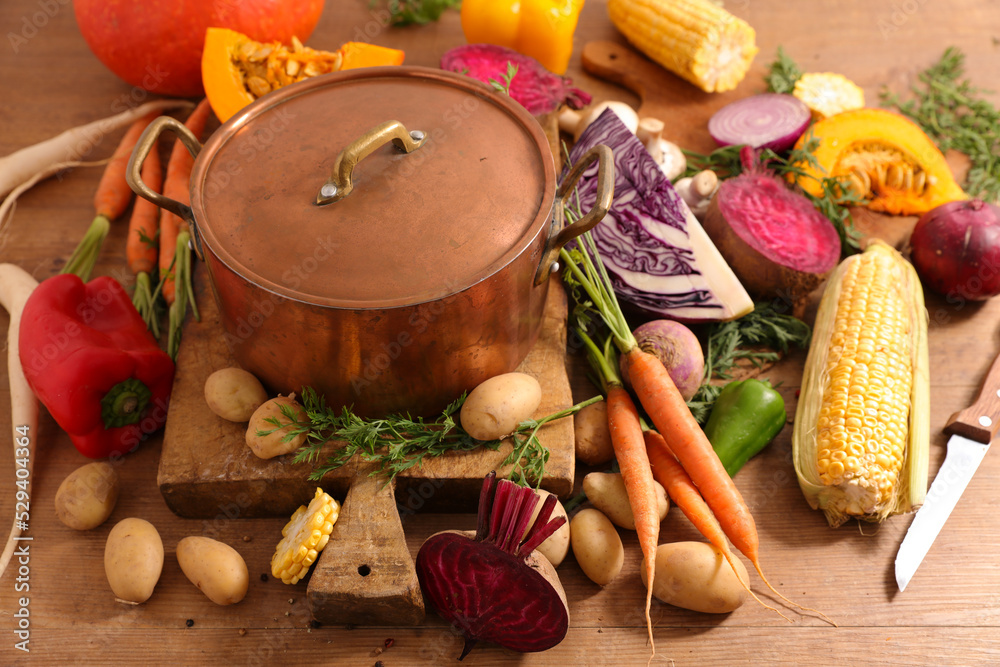 vegetables and cooking pot- preparation of soup Stock Photo | Adobe Stock