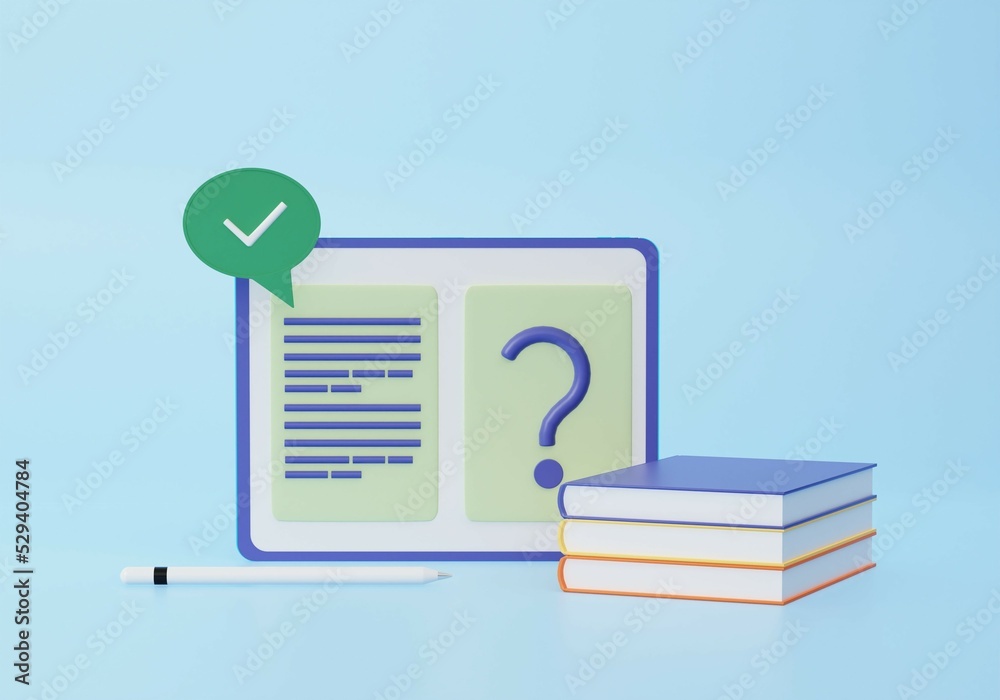 Concept of online education. Book pages and question mark, learning ...