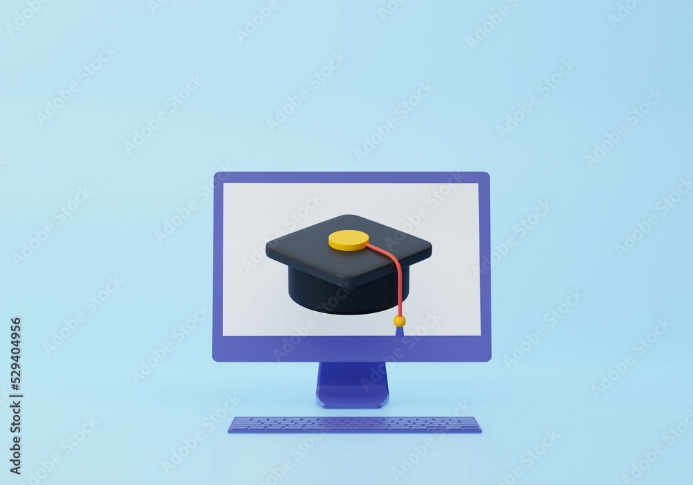 omputer monitor display and graduation cap. Online education, e ...