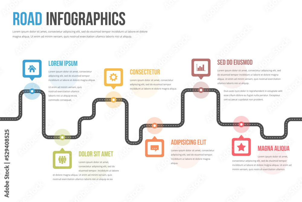 Road infographics with six map pins with icons, vector eps10 ...