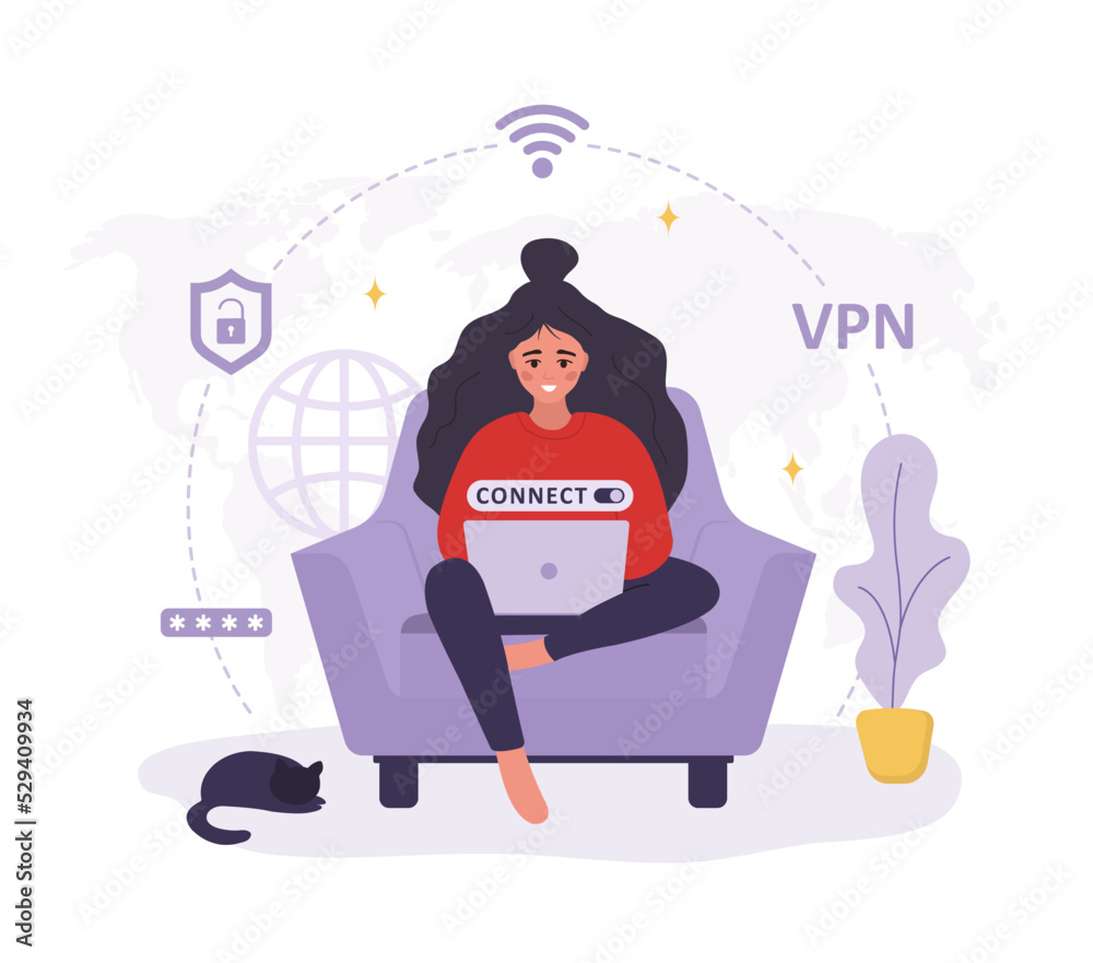 VPN service. Woman using virtual private network. Personal information ...