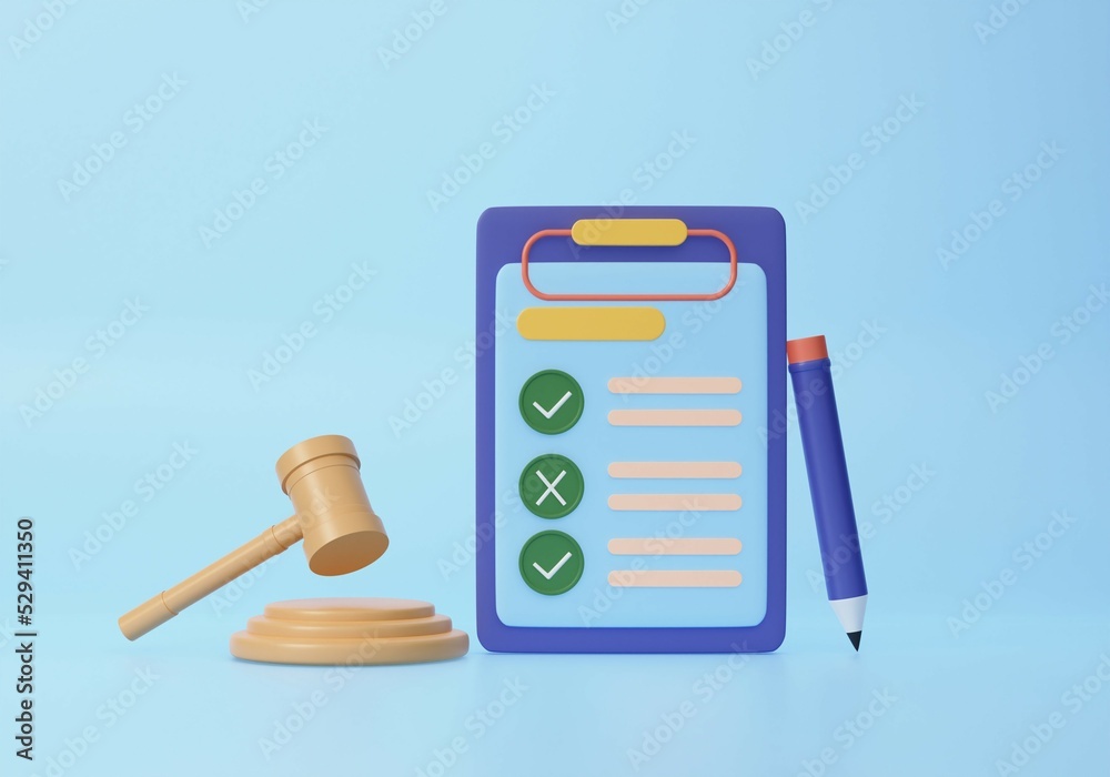 Checklist on a clipboard paper. gavel verdict concept. Judge arbitrate ...
