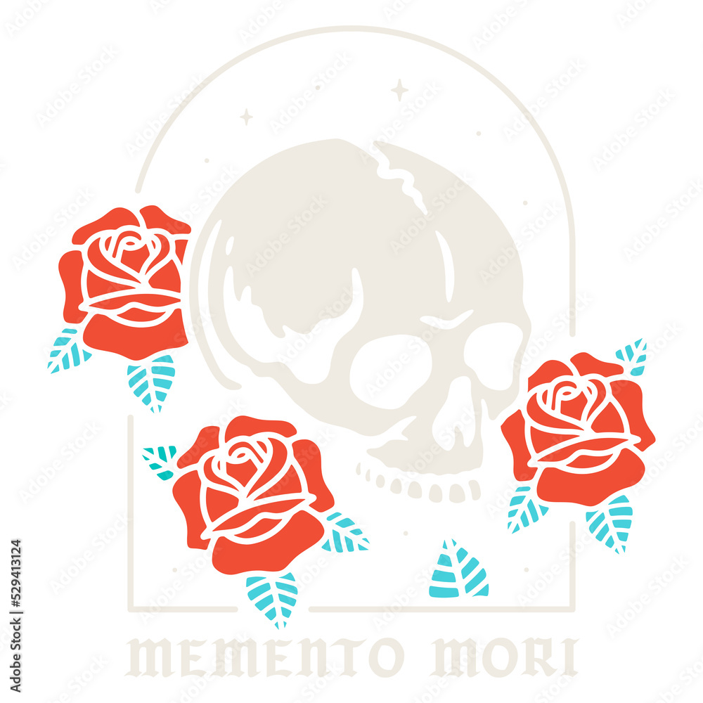 SKULL WITH ROSES MEMENTO MORI COLOR BADGE Stock Illustration | Adobe Stock