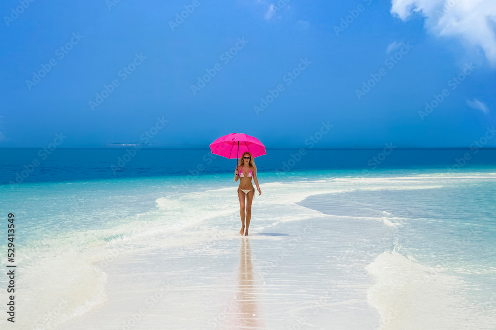 Beautiful Sexy Tanned Woman Bikini Model With Pink Umbrella On Maldives