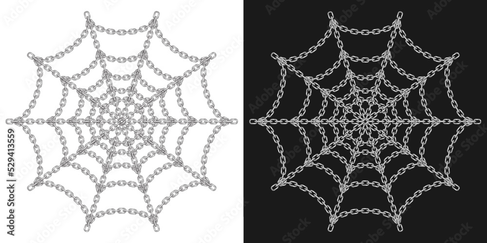 Spider web of steel chain isolated on a dark and white background Stock ...