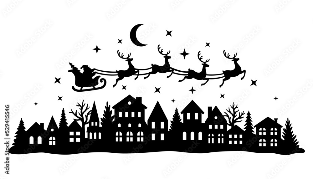 Santa Claus flies in a sleigh with reindeer over the city. Christmas ...