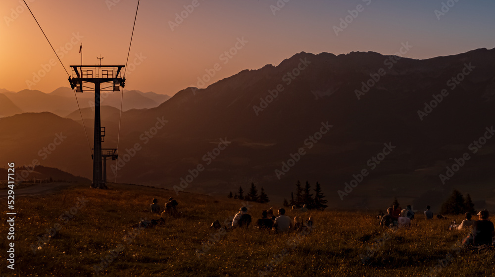 High resolution stitched alpine sunset panorama at the famous ...