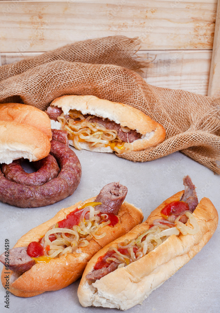 South African famous boerewors roll, flat lay with ingredients and copy ...