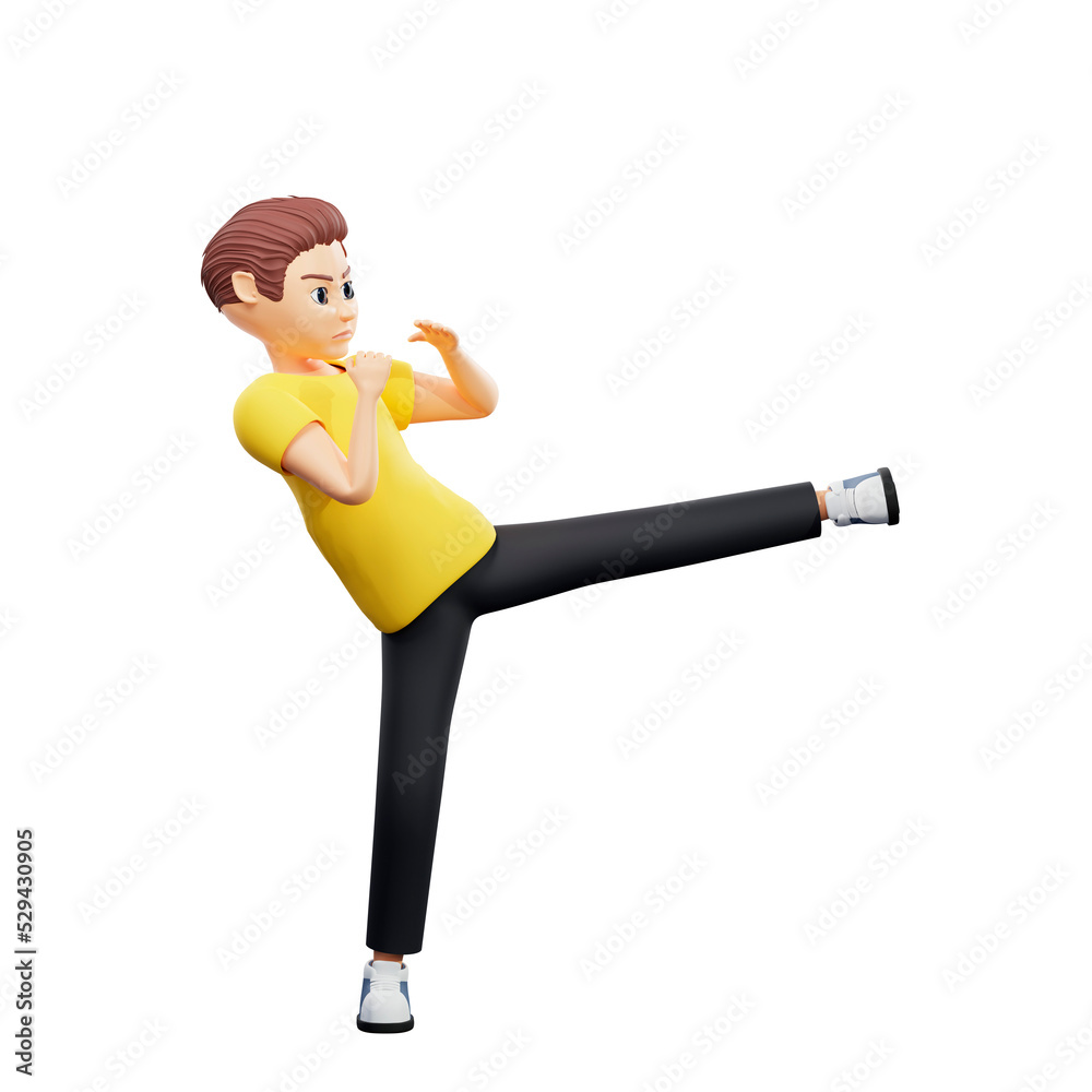 Raster illustration of man with a raised leg. Young guy in a yellow ...