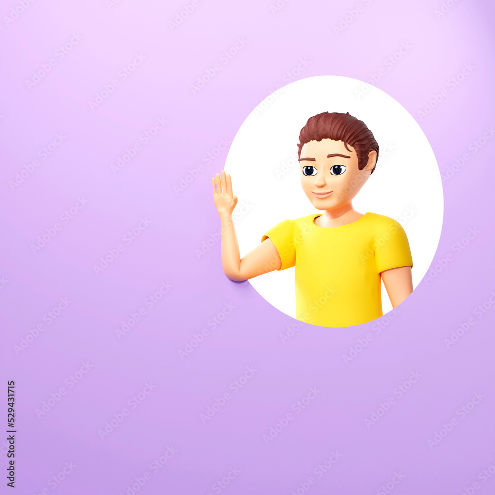 Raster illustration of man waving hand. Young guy in a yellow tshirt ...