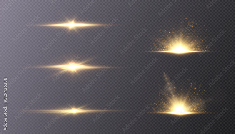 Set of light effects golden glowing light isolated on transparent background. Solar flare with ...