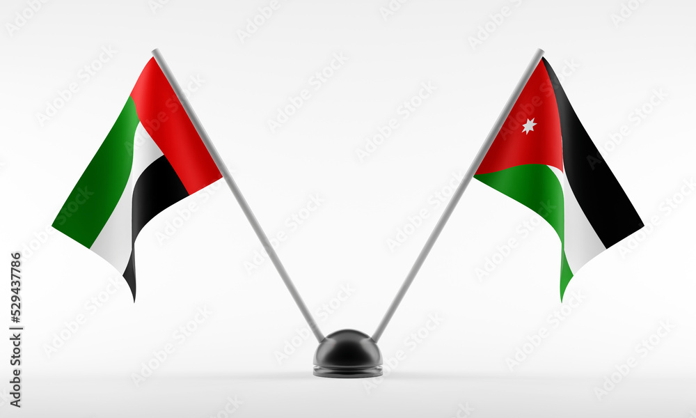 Stand with two national flags. Flags of United Arab Emirates and Jordan ...