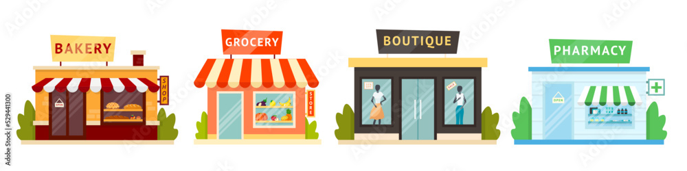 Shops facades illustrations set. Family bakery, grocery store exterior ...