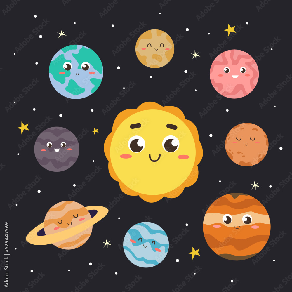Childish Illustration Cosmos. Vector Drawing Planet, Star and Satellite ...