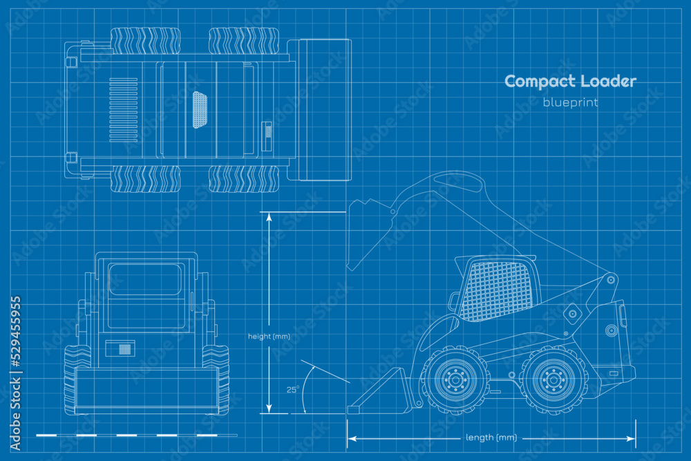 Outline compact loader. Contour side, front amd top view. Drawing of ...