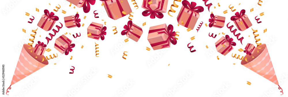 Colorful celebration banner with confetti and gift boxes. Cute party ...
