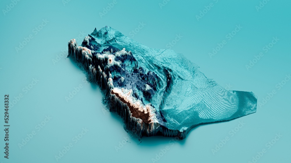 3D rendering of the Saudi Arabia topographic map on a blue background ...
