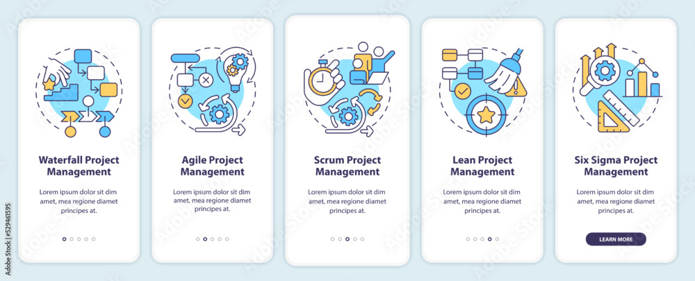 Project management styles onboarding mobile app screen. Business ...