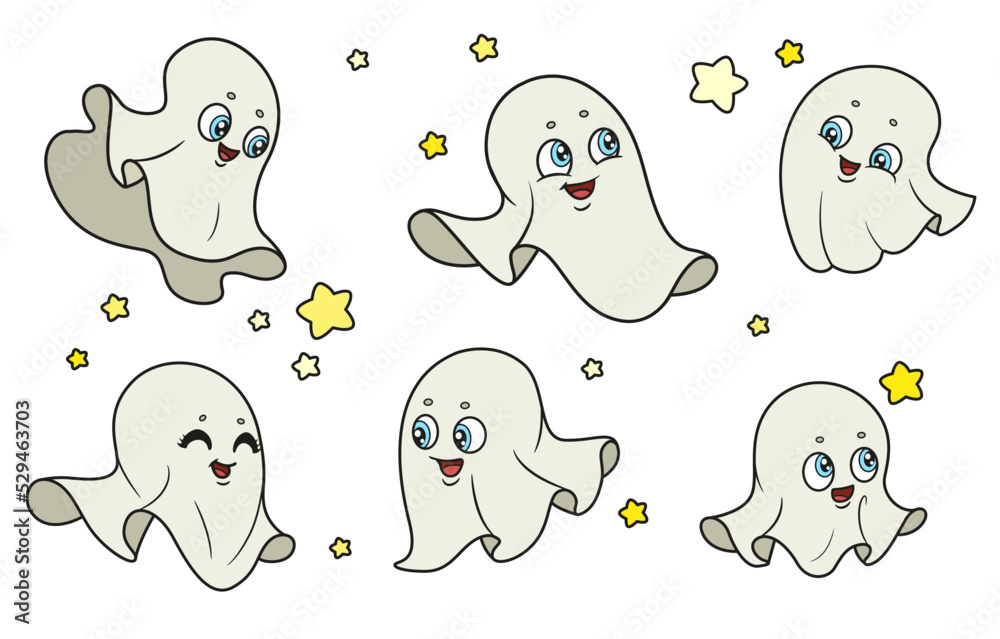 Cute cartoon ghosts color variation for coloring page on white ...