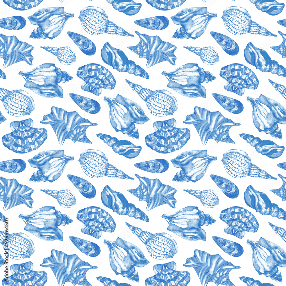 Watercolor sea shell background in blue color. Seashells seamless ...