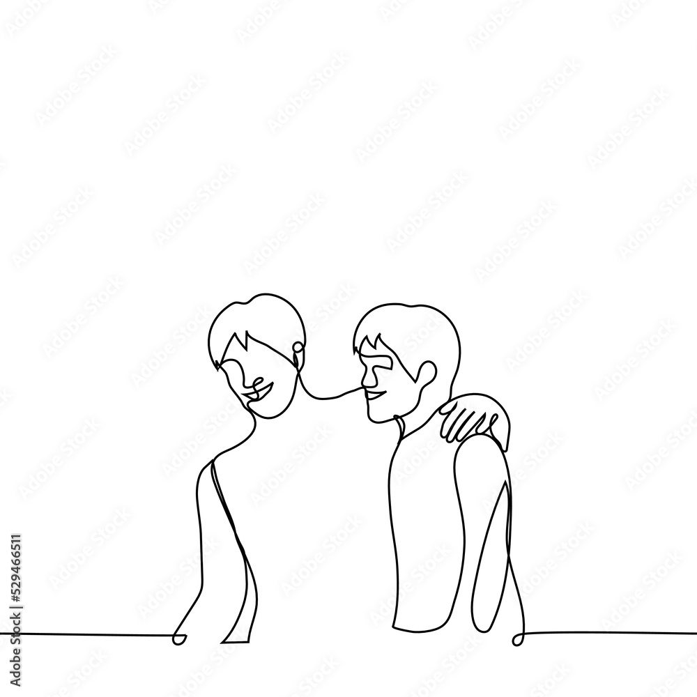 friends laugh and smile hugging - one line drawing vector. concept ...
