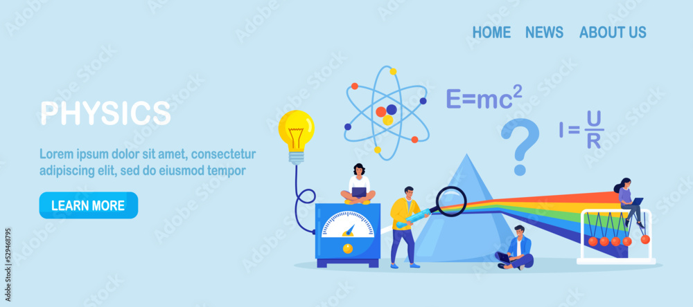 Vetor de Physics school subject. Scientists explore electricity, light ...